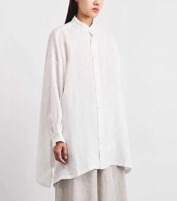 Eskandar Linen-blend Striped Collarless Shirt - White