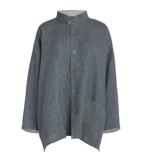 Eskandar Linen Wide Longline Jacket - Blue
