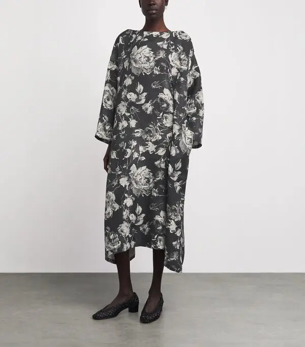 Eskandar Linen Floral Scoop Neck Midi Dress