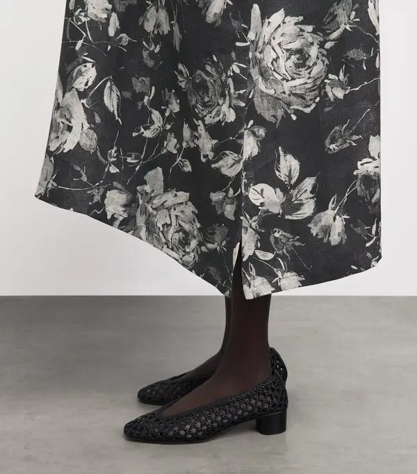 Eskandar Linen Floral Scoop Neck Midi Dress
