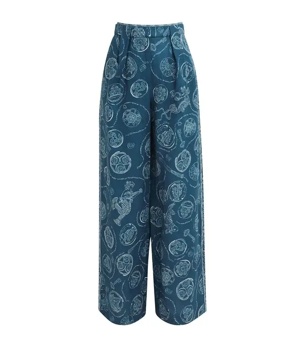 ALEMAIS Printed Wide Leg Linen Trousers - Blue