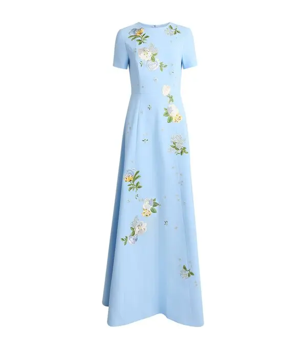 Carolina Herrera Floral Embroidered Crepe Gown - Blue