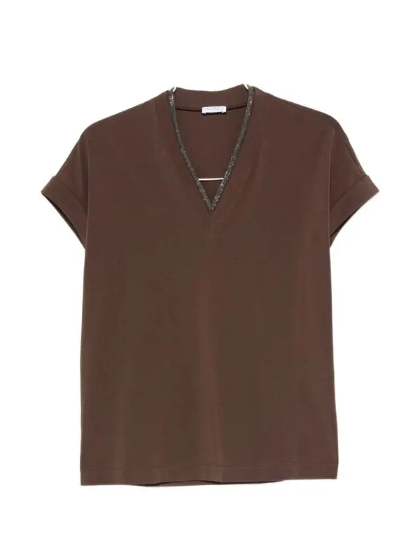 Brunello Cucinelli Cotton V-neck T-shirt With Monili Trim - Brown