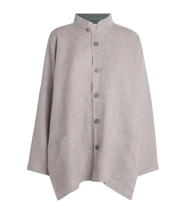 Eskandar Linen Mandarin Collar Wide Longline Jacket - Grey