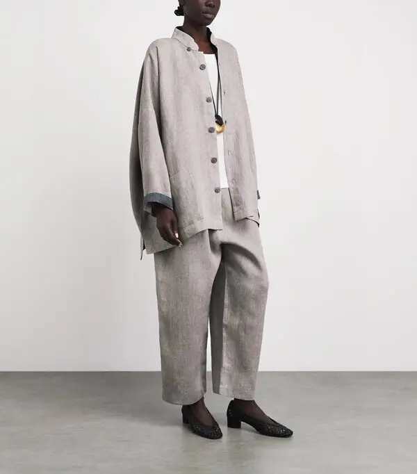 Eskandar Linen Mandarin Collar Wide Longline Jacket - Grey