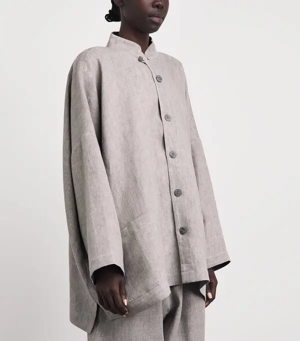 Eskandar Linen Mandarin Collar Wide Longline Jacket - Grey