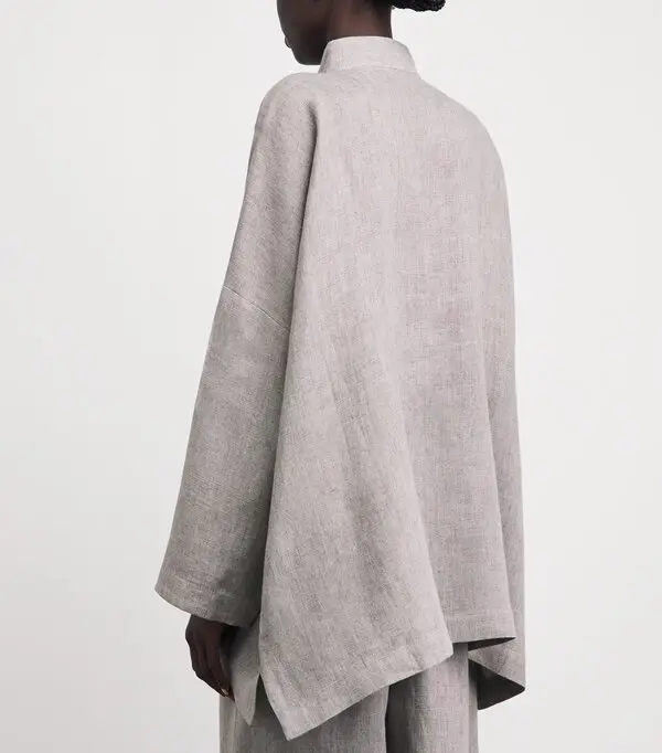 Eskandar Linen Mandarin Collar Wide Longline Jacket - Grey