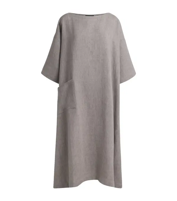 Eskandar Linen Boatneck Midi Dress With Pocket - Grey