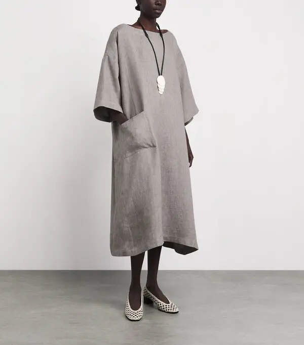 Eskandar Linen Boatneck Midi Dress With Pocket - Grey