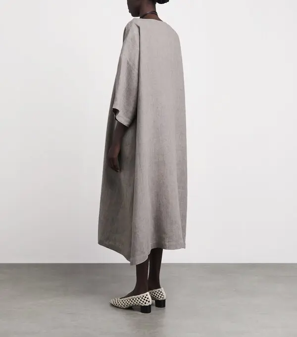 Eskandar Linen Boatneck Midi Dress With Pocket - Grey