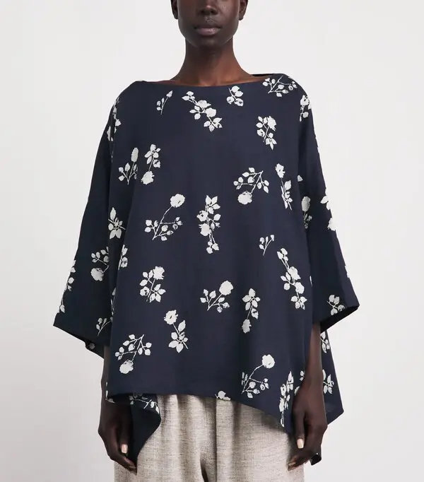 Eskandar Linen Floral Boatneck Blouse