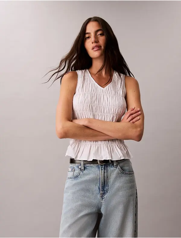 Calvin Klein Cotton Poplin Sleeveless Top With Ruched Detailing - Brilliant White