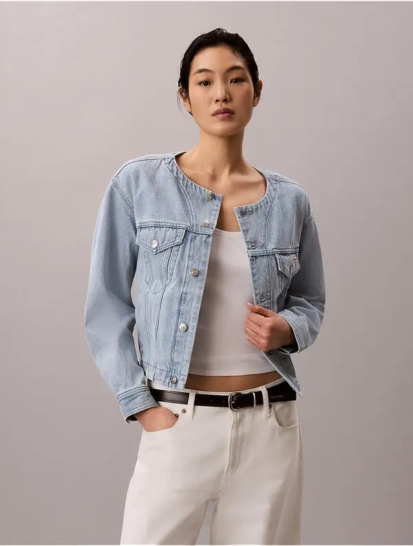 Calvin Klein Cropped Collarless Denim Trucker Jacket - Soft Bayou