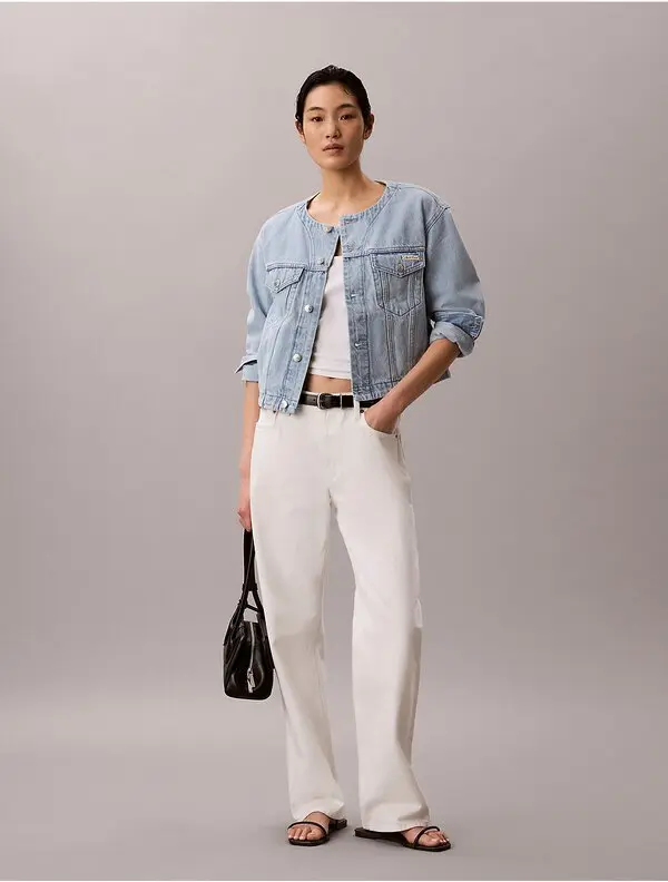 Calvin Klein Cropped Collarless Denim Trucker Jacket