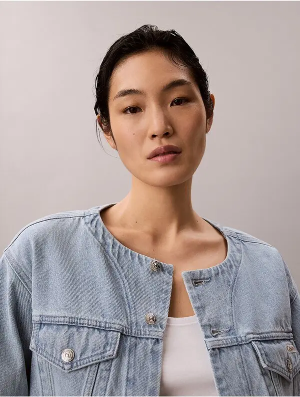 Calvin Klein Cropped Collarless Denim Trucker Jacket