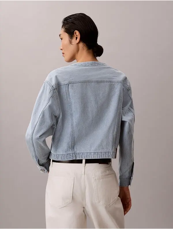 Calvin Klein Cropped Collarless Denim Trucker Jacket
