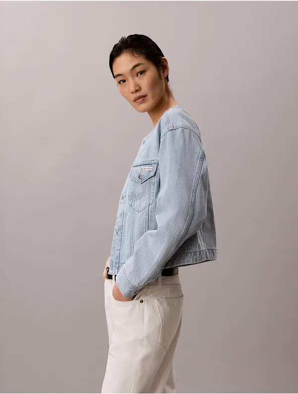 Calvin Klein Cropped Collarless Denim Trucker Jacket