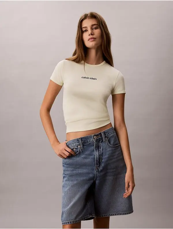 Calvin Klein Contour Rib Cropped T-shirt With Embroidered Logo - Green Essence