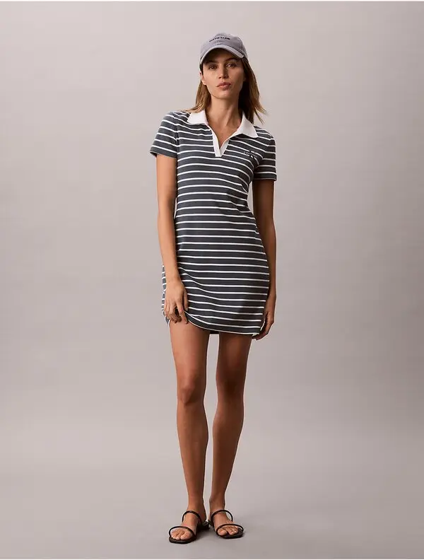 Calvin Klein Ribbed Stripe Mini Dress With Contrast Collar - Dark Slate High Sea Stripe