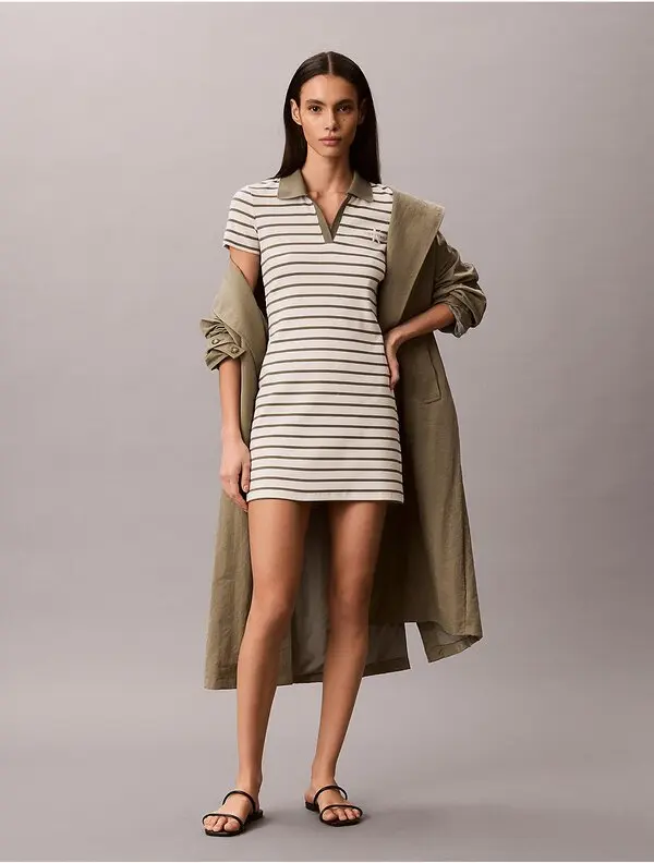Calvin Klein Ribbed Stripe Mini Dress With Contrast Collar - Tofu High Sea Stripe