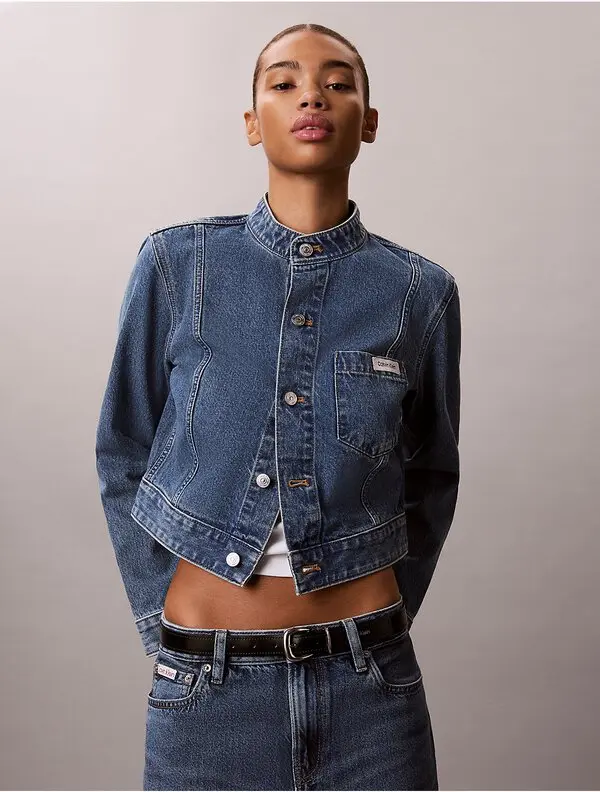 Calvin Klein Cropped Denim Jacket With Band Collar - Tinted Airway