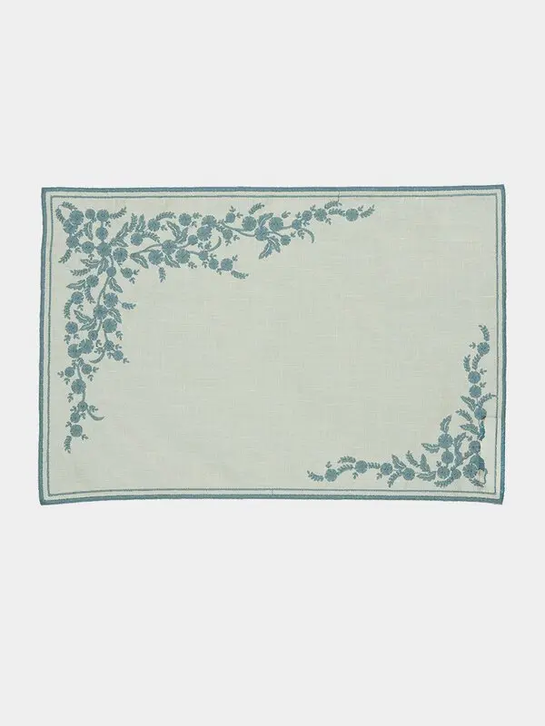 Borgo Delle Tovaglie Venaria Linen Placemat With Floral Embroidery - Blue