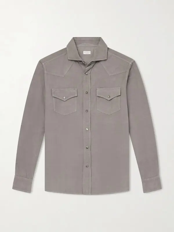 Brunello Cucinelli Cutaway-collar Cotton-corduroy Western Shirt - Gray