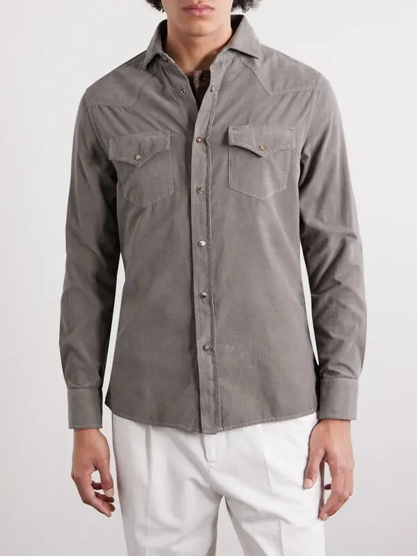 Brunello Cucinelli Cutaway-collar Cotton-corduroy Western Shirt - Gray