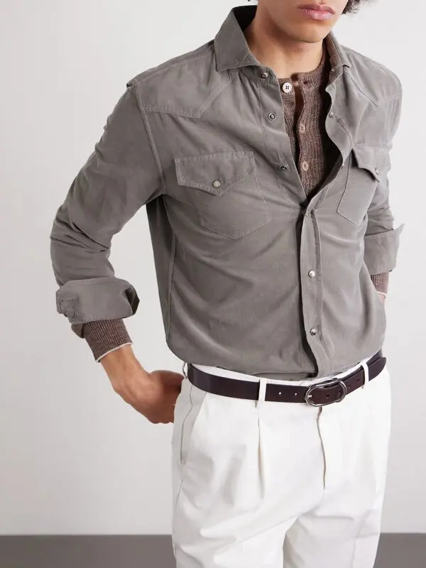 Brunello Cucinelli Cutaway-collar Cotton-corduroy Western Shirt - Gray