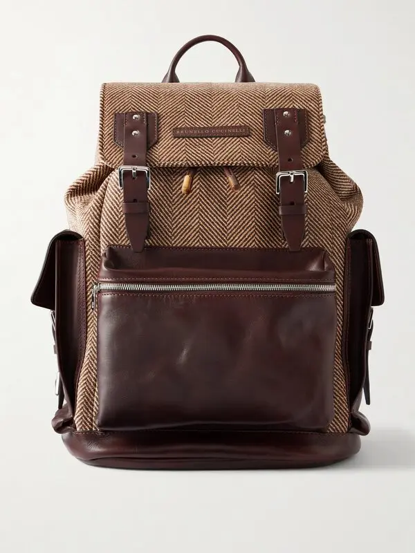 Brunello Cucinelli Herringbone Canvas And Leather Backpack - Brown