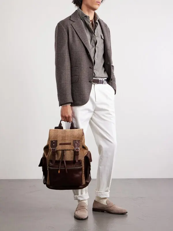 Brunello Cucinelli Herringbone Canvas And Leather Backpack - Brown