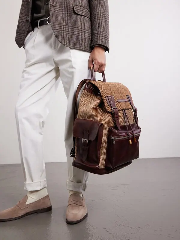 Brunello Cucinelli Herringbone Canvas And Leather Backpack - Brown
