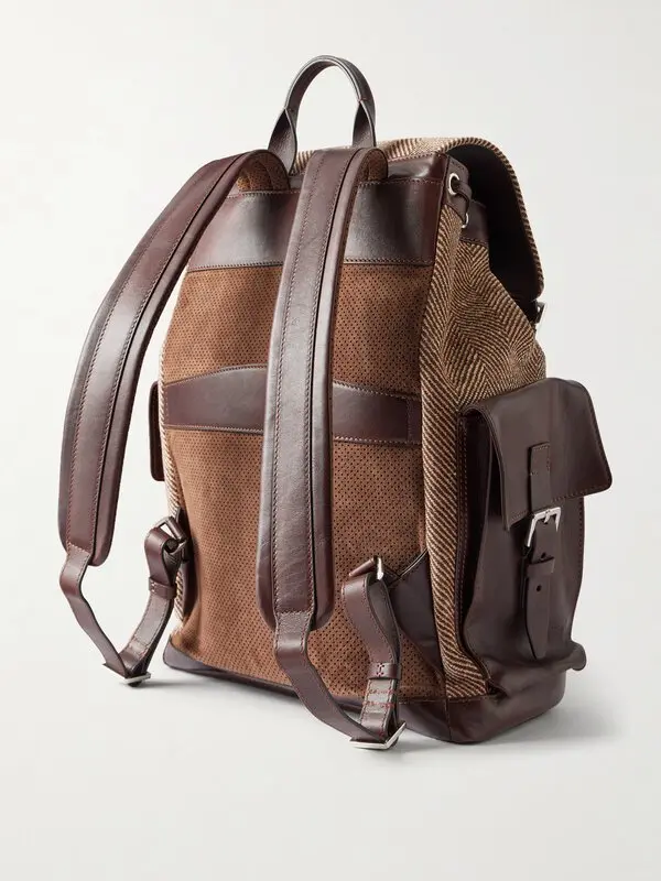 Brunello Cucinelli Herringbone Canvas And Leather Backpack - Brown