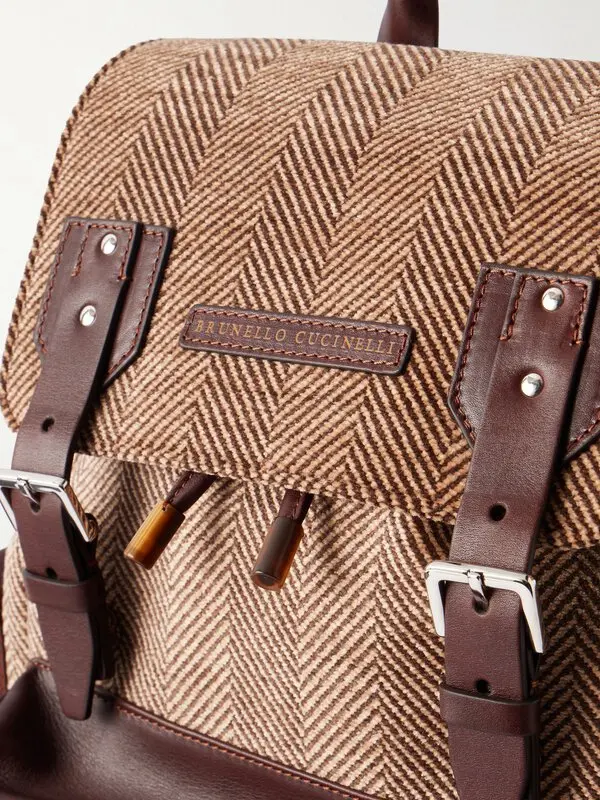 Brunello Cucinelli Herringbone Canvas And Leather Backpack - Brown