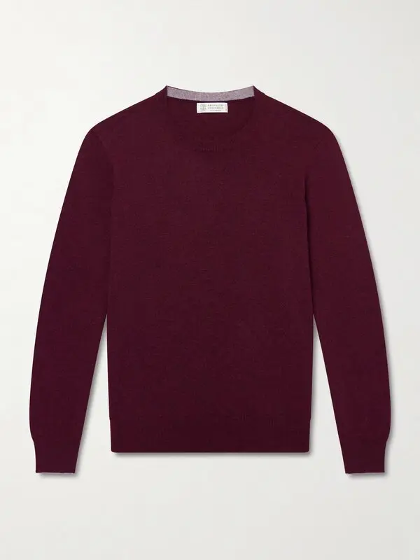 Brunello Cucinelli Ribbed Trim Cashmere Crewneck Sweater - Burgundy