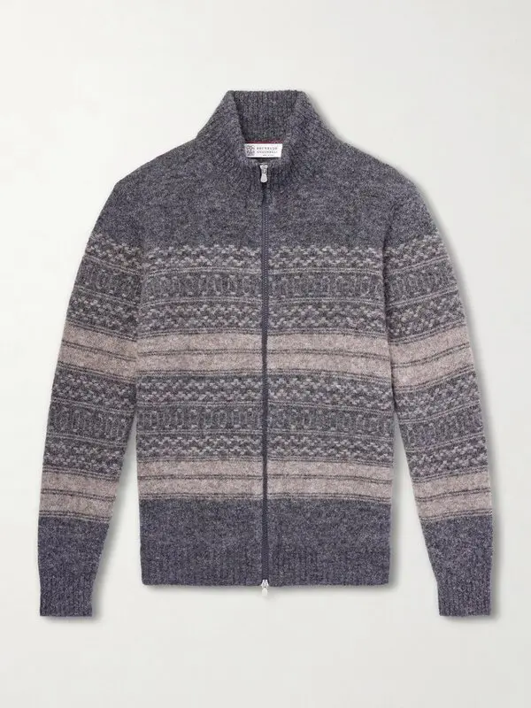 Brunello Cucinelli Alpaca-blend Zip-up Sweater With Geometric Print - Gray