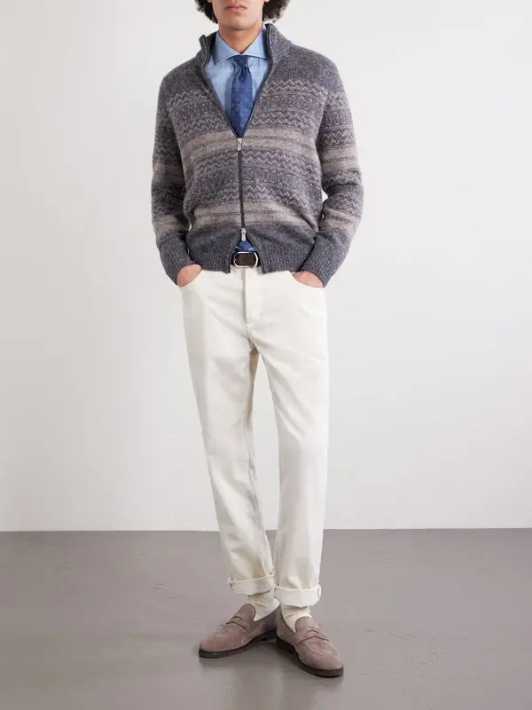 Brunello Cucinelli Alpaca-blend Zip-up Sweater With Geometric Print - Gray