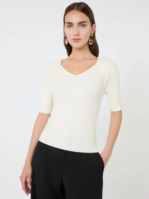 Max Mara Ribbed Stretch Viscose V-neck Sweater
