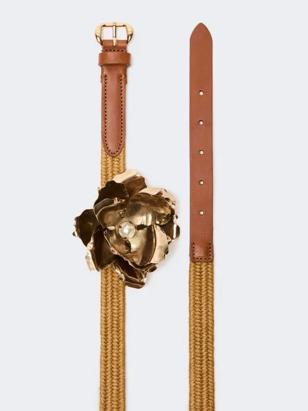 Max Mara Embellished Linen And Cotton Belt With Jeweled Brooch