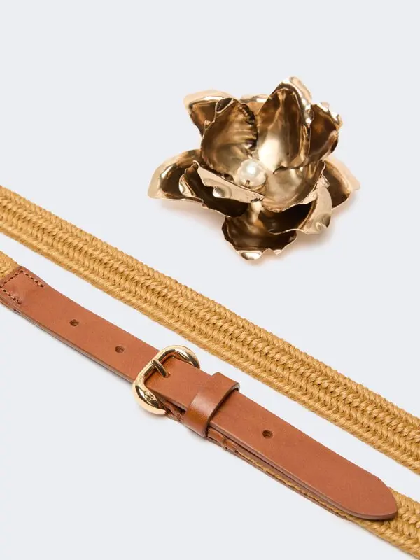 Max Mara Embellished Linen And Cotton Belt With Jeweled Brooch