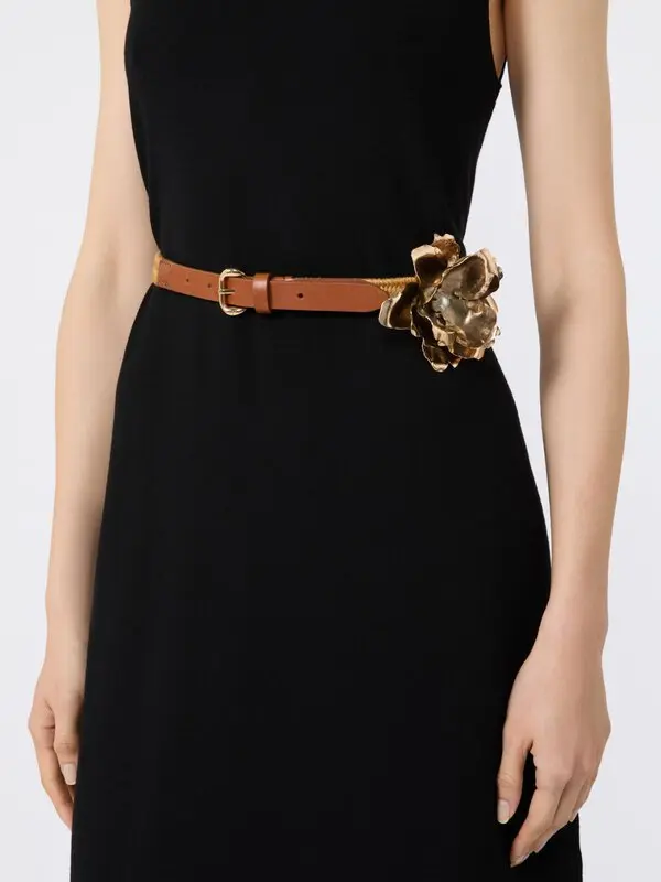 Max Mara Embellished Linen And Cotton Belt With Jeweled Brooch