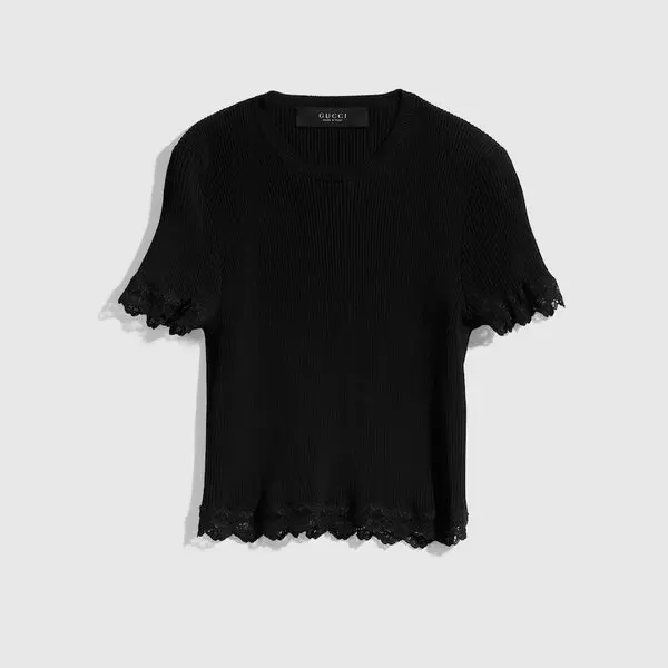 Gucci Fine Matte Viscose Rib Top With Lace Trim - Black