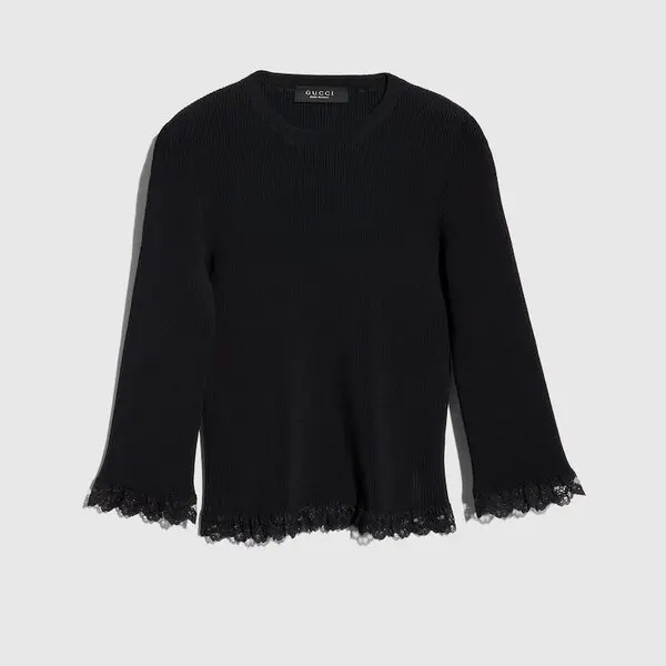 Gucci Fine Matte Viscose Rib Top With Lace Trim - Black