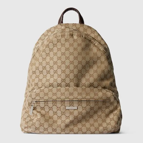 Gucci Gg Canvas Backpack With Leather Trim - Beige