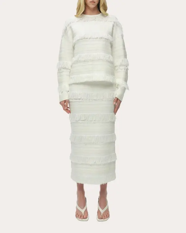 Simkhai Carrick Striped Fringe Crewneck Sweater - White