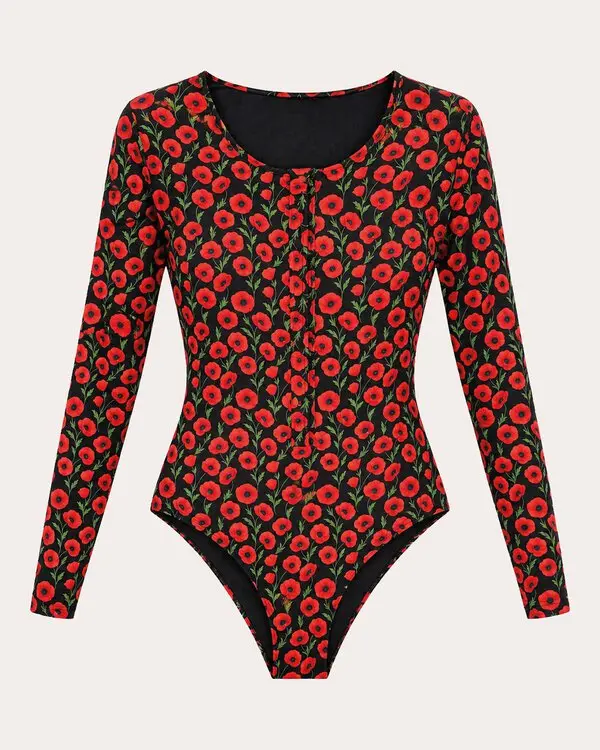 VERDELIMON Long-sleeve One-piece With Floral Print And Zip Neckline - Black