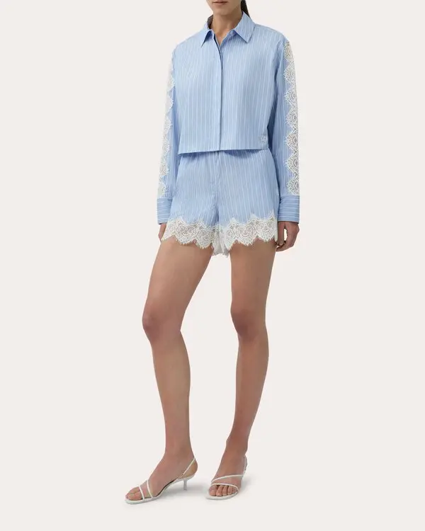 Simkhai Renata Stripe Poplin Lace Crop Button-up Top - Blue