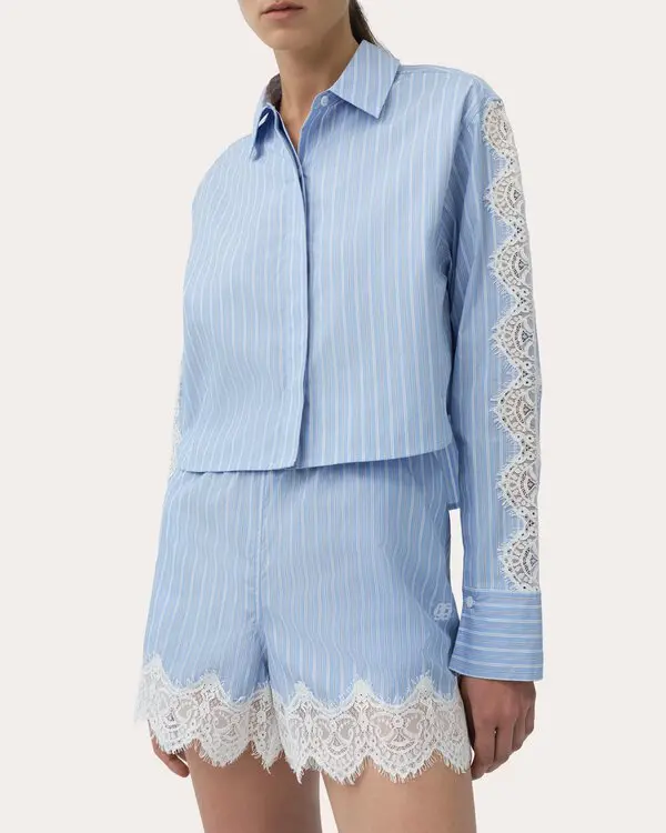 Simkhai Renata Stripe Poplin Lace Crop Button-up Top