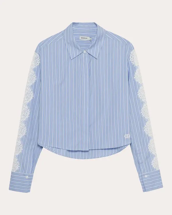 Simkhai Renata Stripe Poplin Lace Crop Button-up Top
