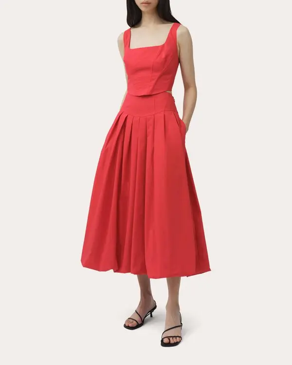Simkhai Winsor Pleated Midi Skirt In Scarlet Cotton Poplin